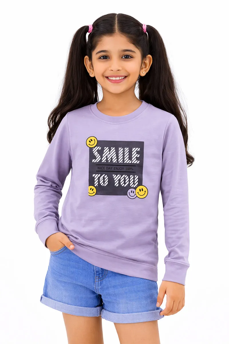 Printed Full-Sleeve T-Shirt for Girls - Lavendar